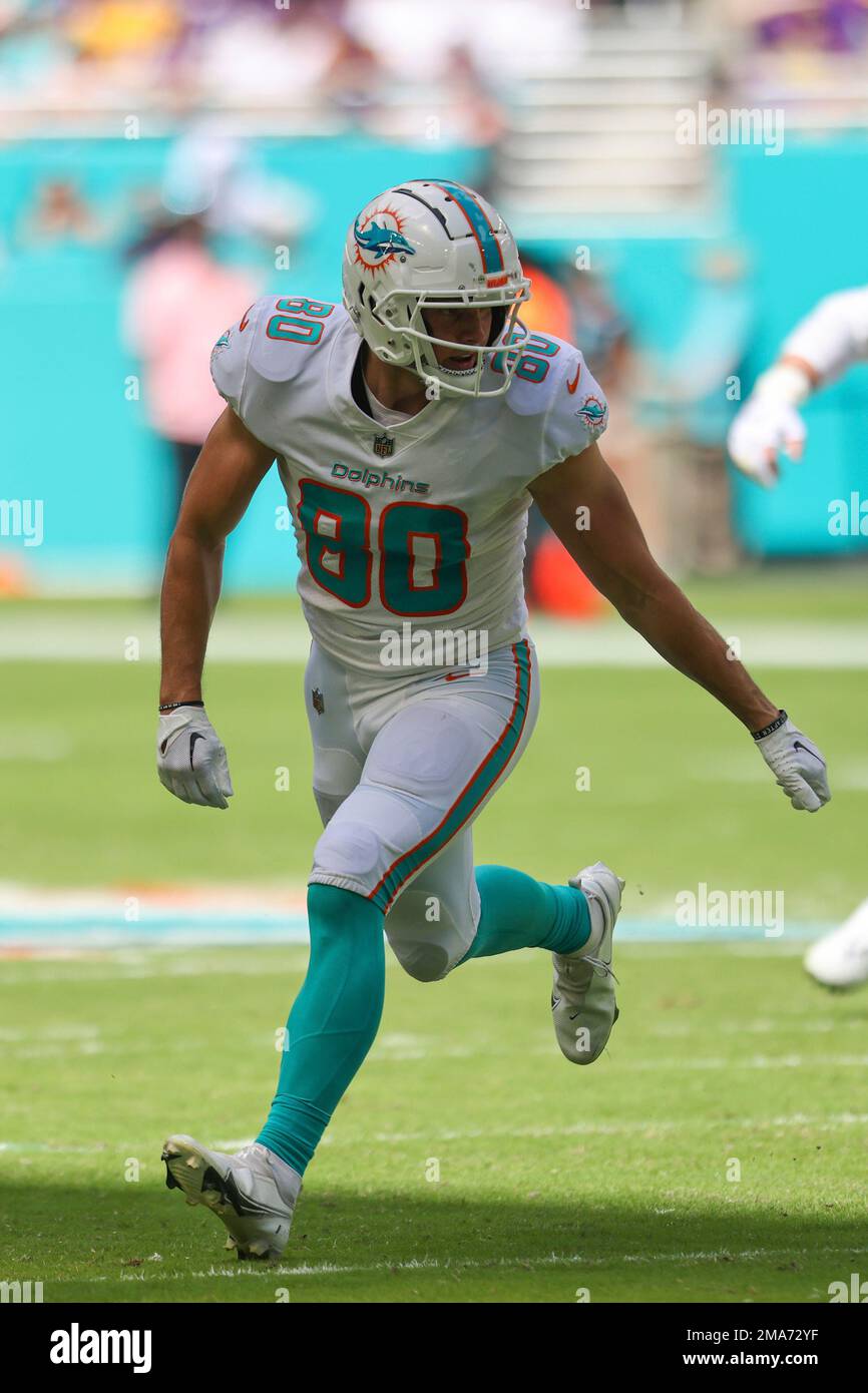 Miami Dolphins tight end Tanner Conner (80) runs to block during a NFL ...