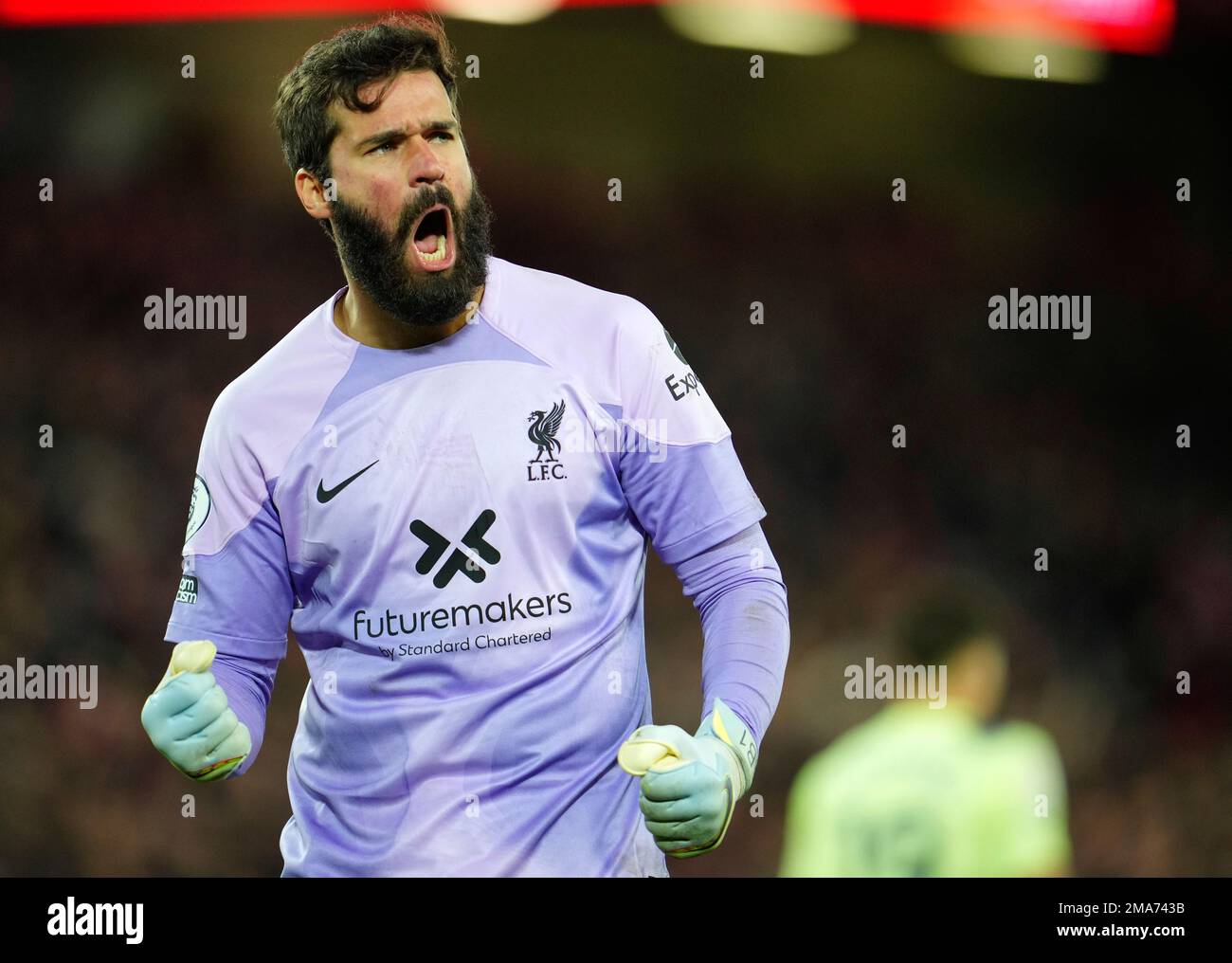 Liverpool's goalkeeper Alisson celebrates at the end of the English ...