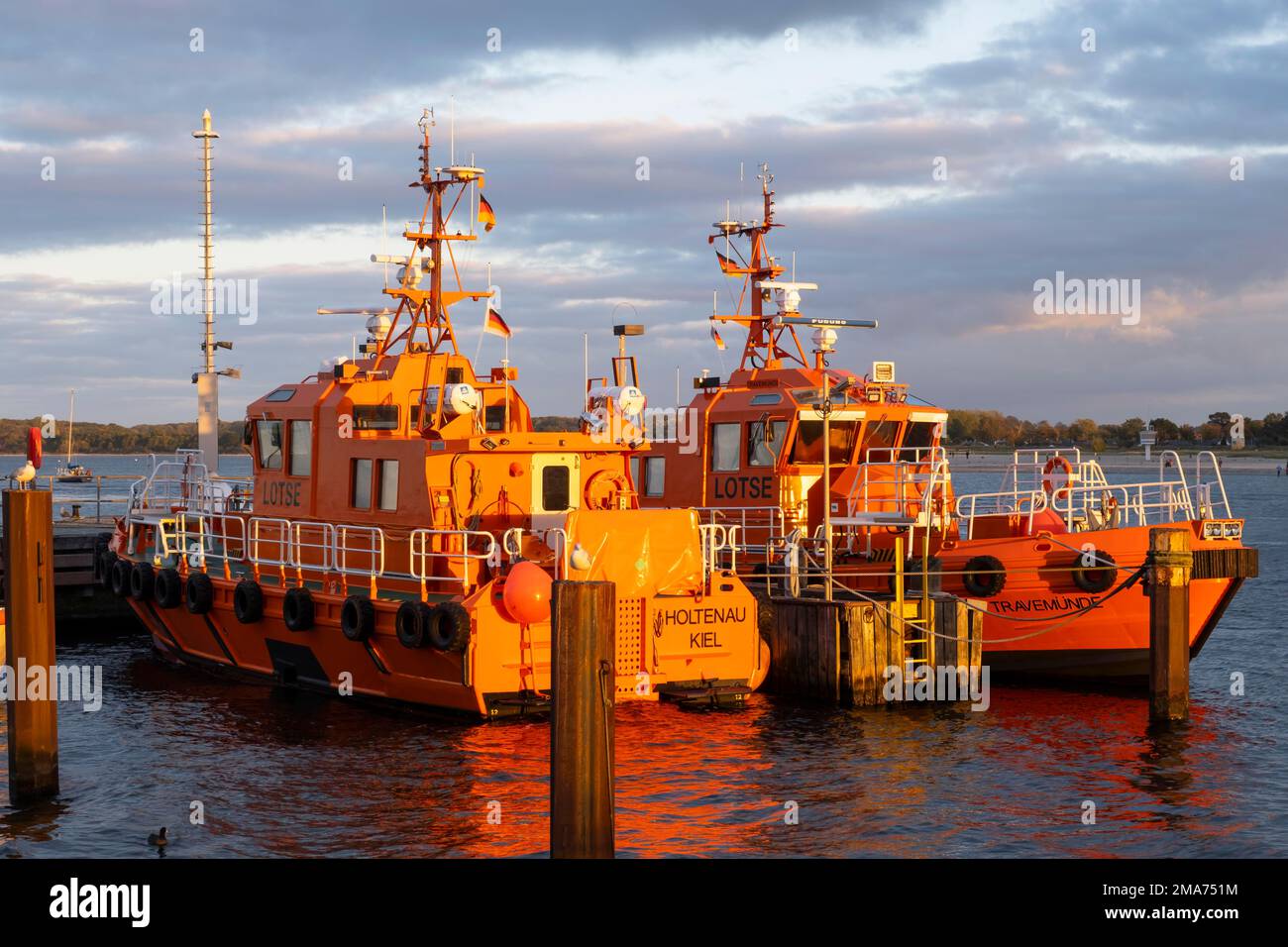 Pilot boats in the harbour, Travemuende, Luebeck, Baltic Sea, Schleswig ...