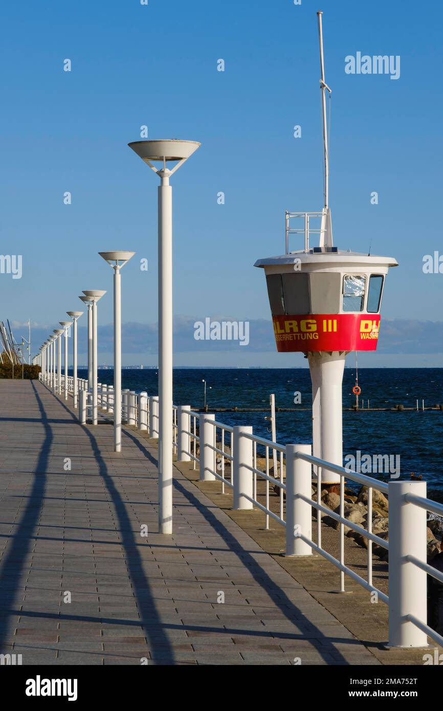 Beach promenade with DLRG water rescue tower, Travemuende, Luebeck ...
