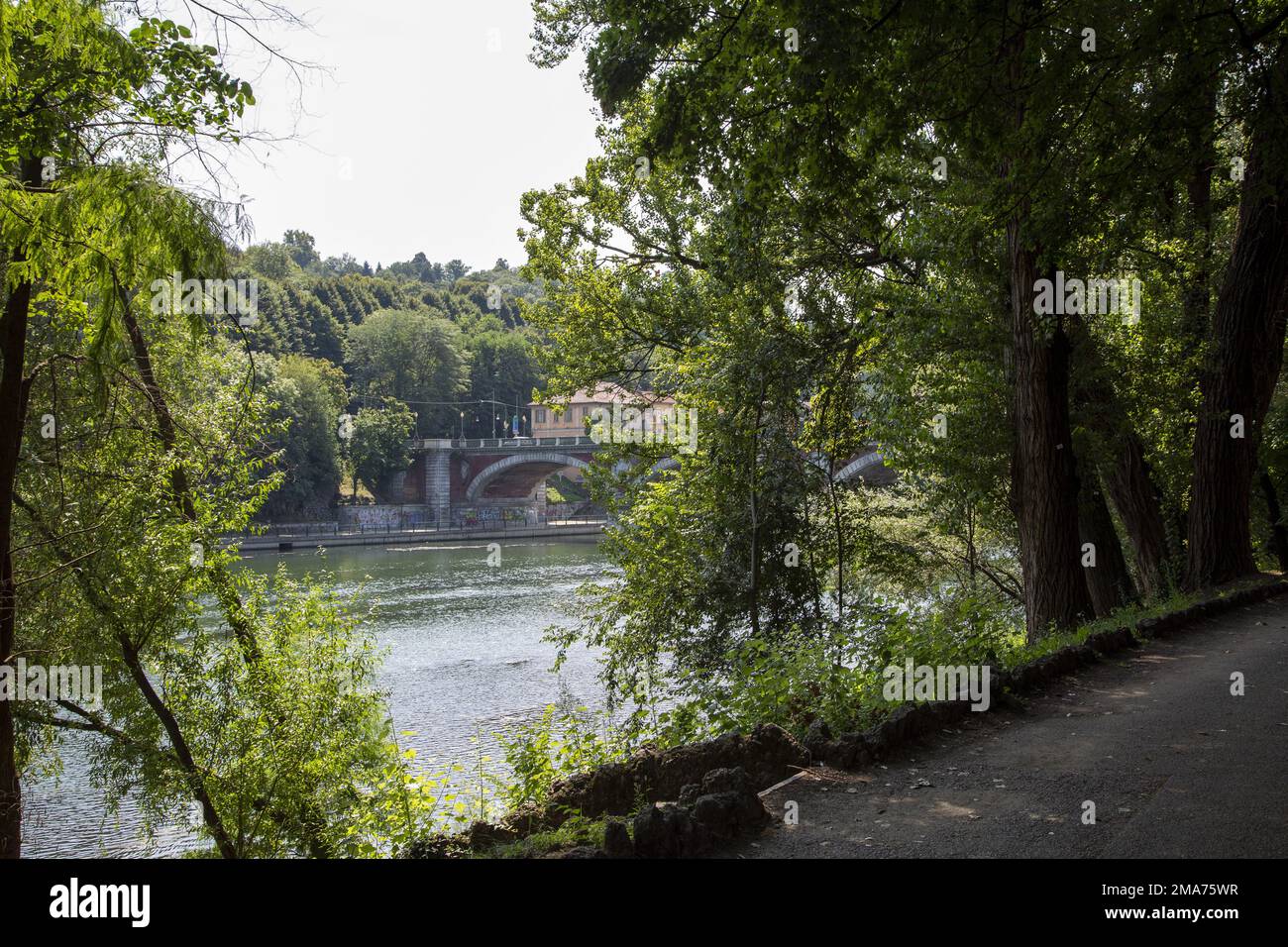 The Isabel bridge over the river Po in Turin, seen from the Valentino ...