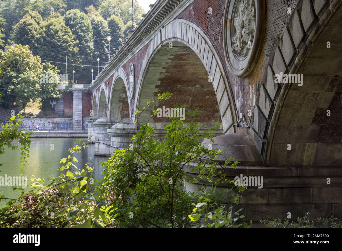 The Isabel bridge over the river Po in Turin, seen from the Valentino ...