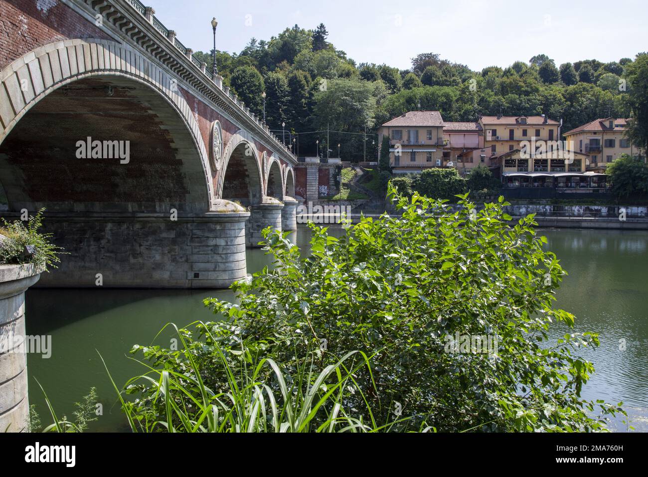 The Isabel bridge over the river Po in Turin, seen from the Valentino ...