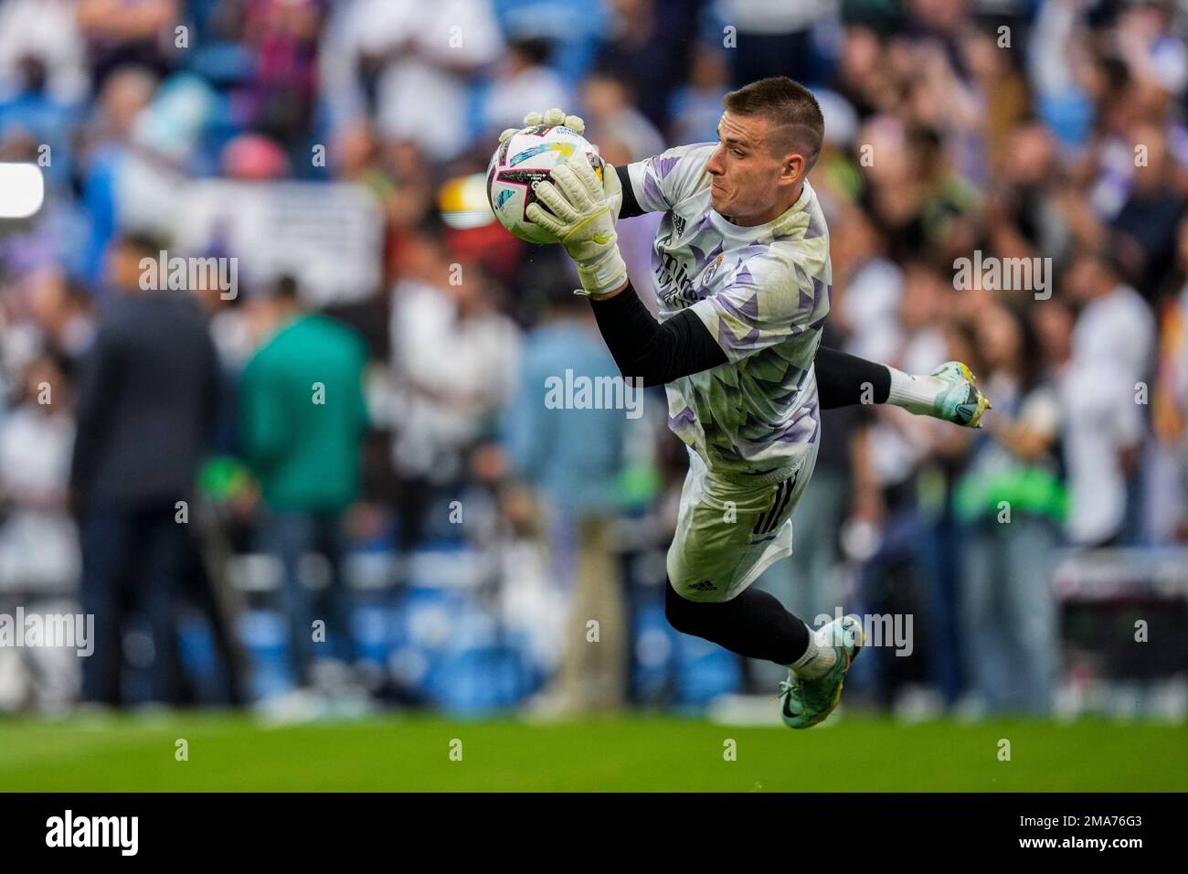 Real Madrid's goalkeeper Andriy Lunin warms up prior La Liga soccer ...