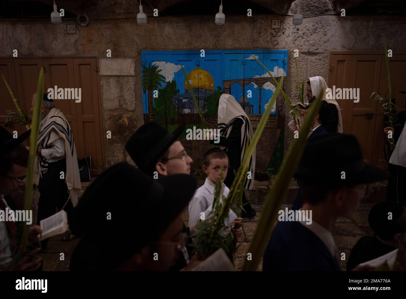 Ultra-Orthodox Jews wearing prayer shawls perform the Hoshana Rabbah ...
