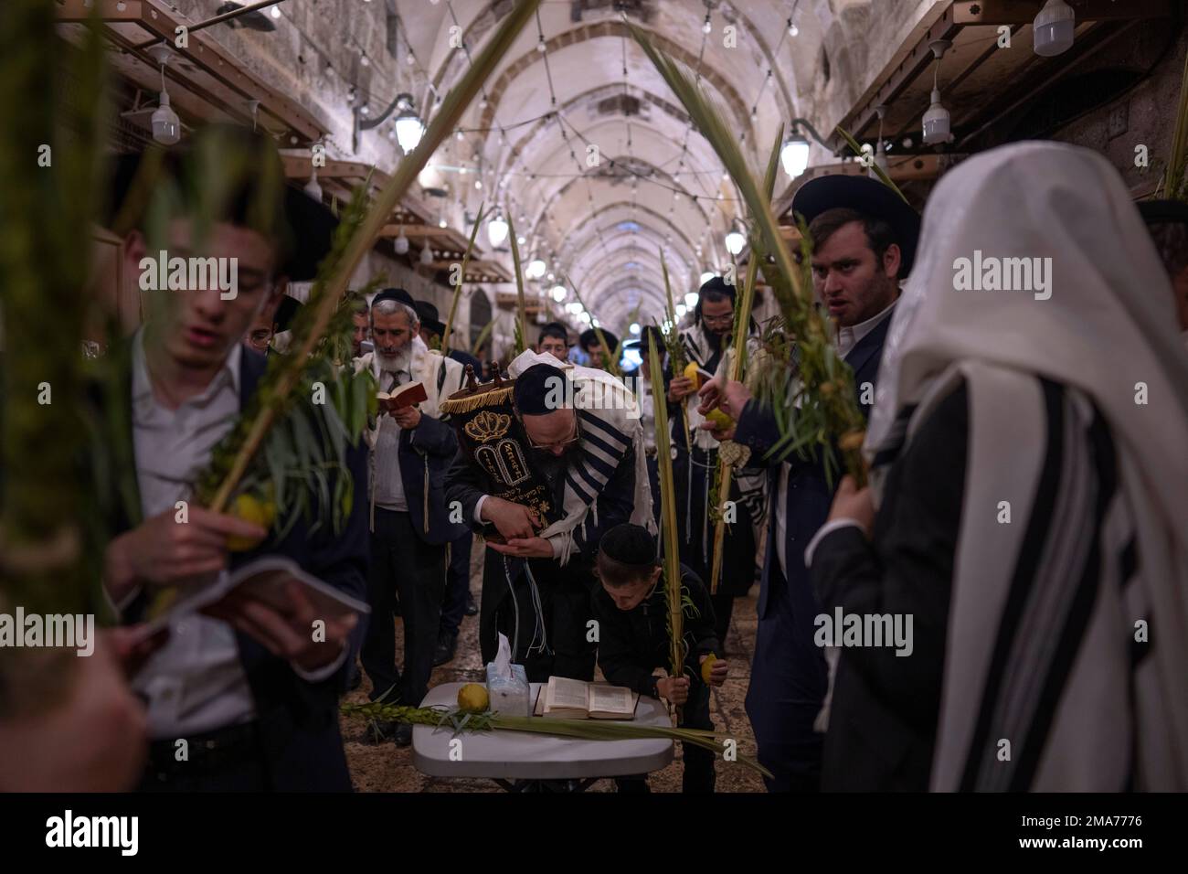 Ultra-Orthodox Jews wearing prayer shawls perform the Hoshana Rabbah ...