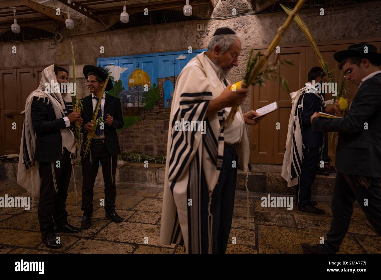 Ultra-Orthodox Jews wearing prayer shawls perform the Hoshana Rabbah ...