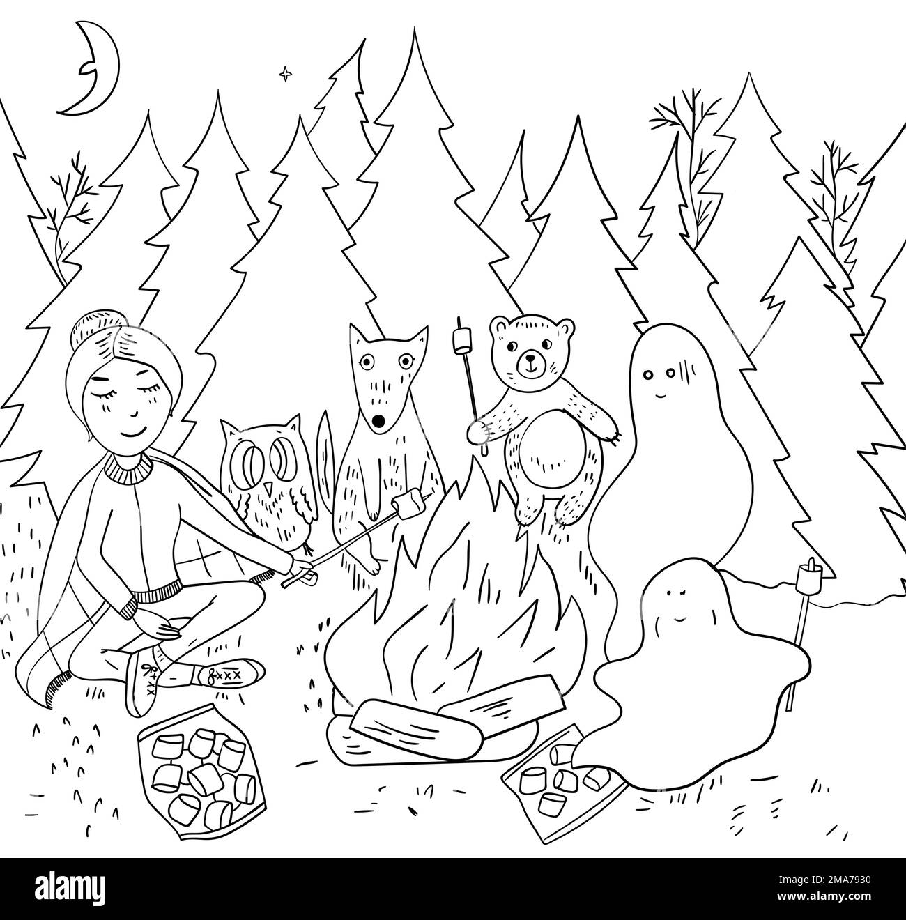 Hand drawn illustration. A girl and ghosts in the forest near the ...