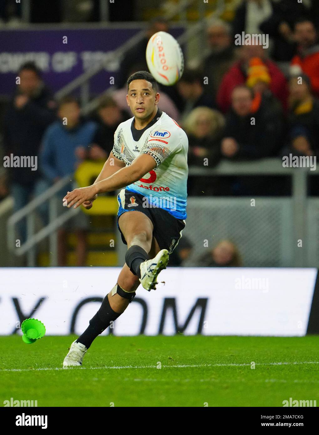 Fiji's Brandon Wakeham kicks a penalty and fails to make a conversion ...