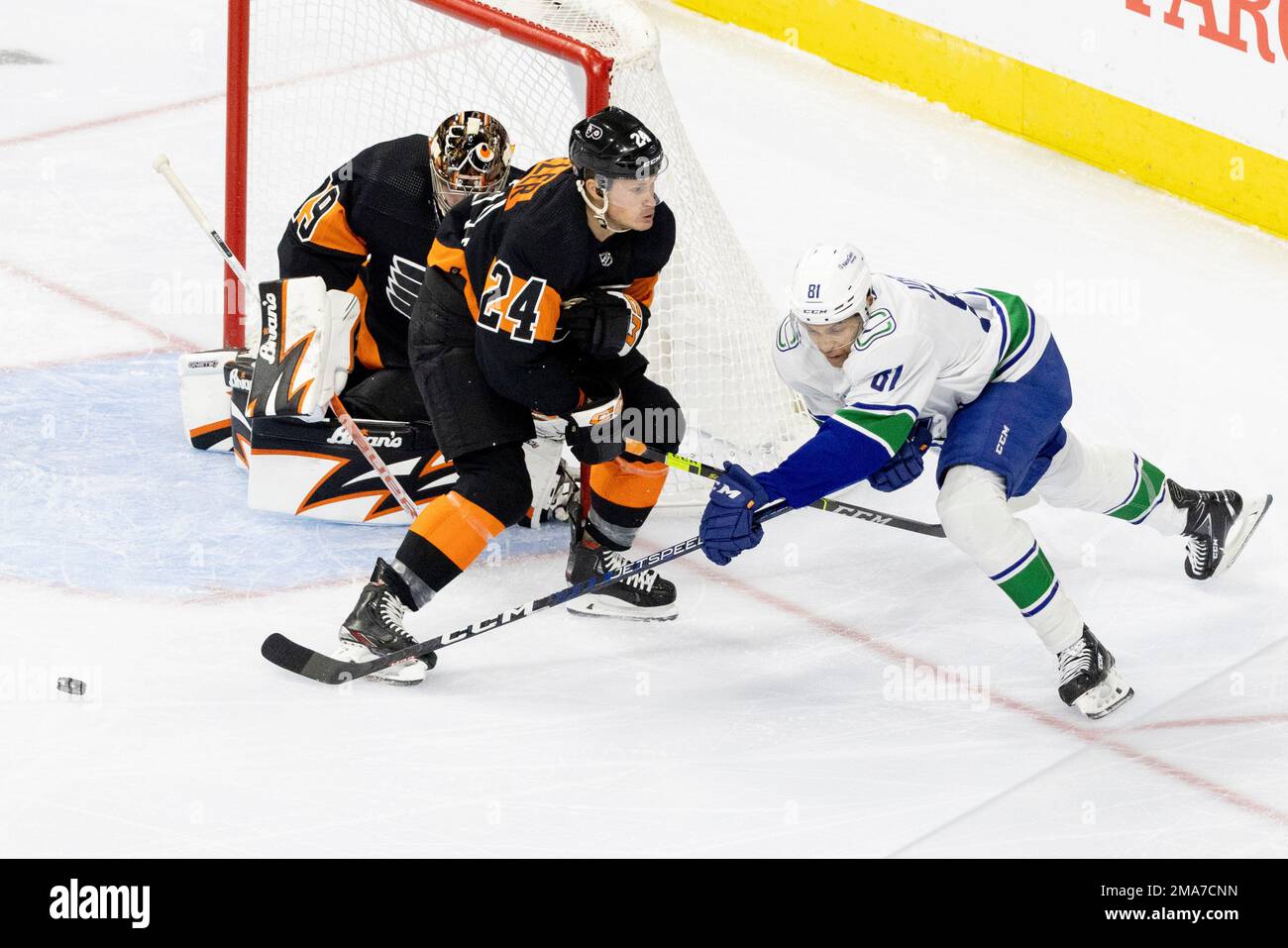 Vancouver Canucks center Dakota Joshua (81) tries to get the puck past ...