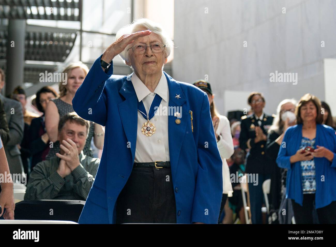 Retired U.S. Air Force Brig. Gen. Wilma Vaught salutes as she is ...