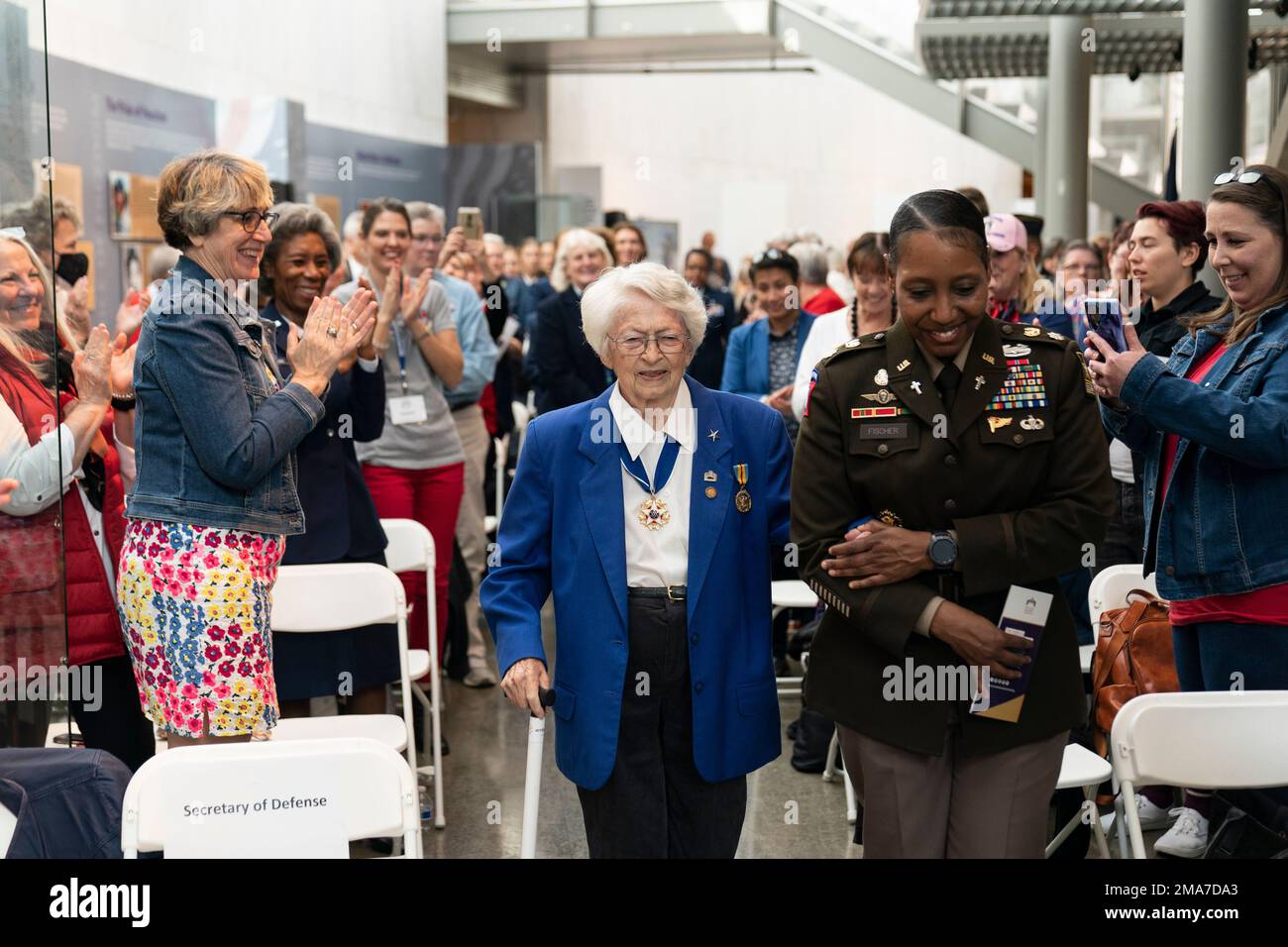 Retired U.S. Air Force Brig. Gen. Wilma Vaught, center, arrives to ...