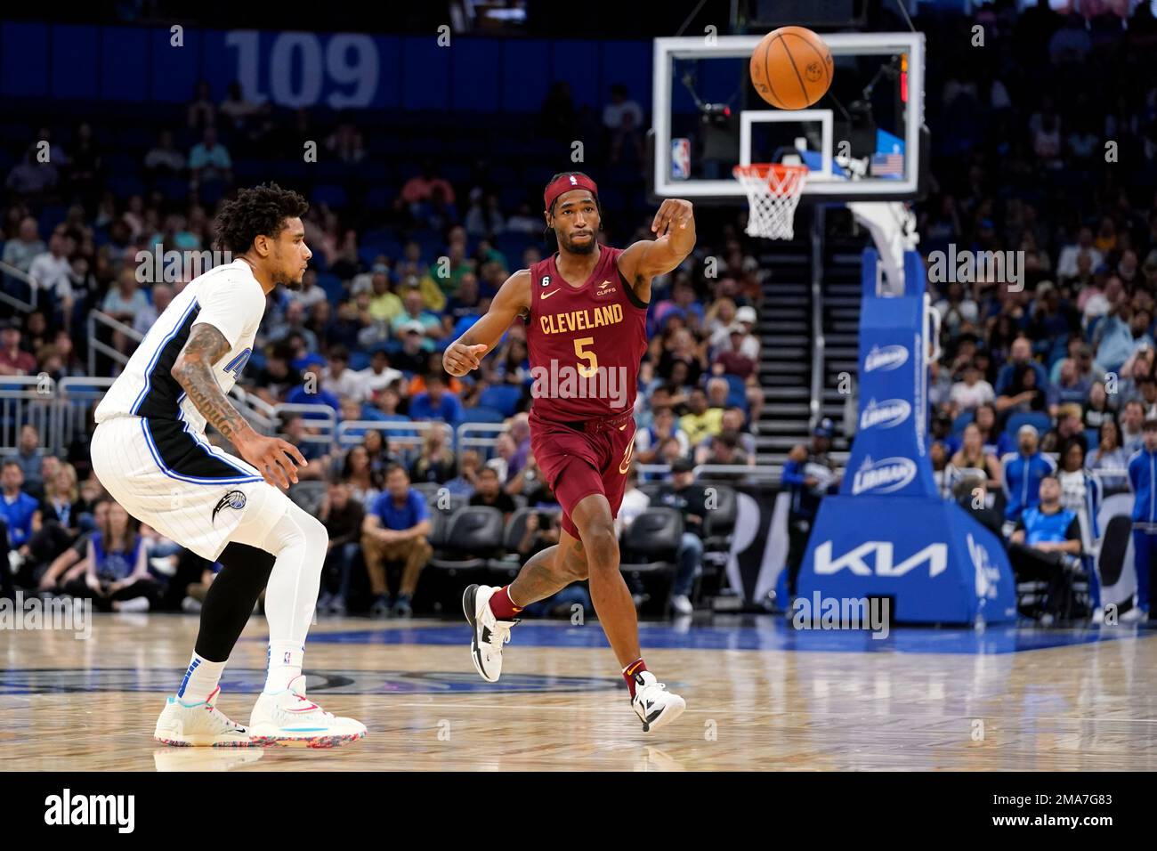 Cleveland Cavaliers' RJ Nembhard Jr. (5) passes the ball over Orlando ...