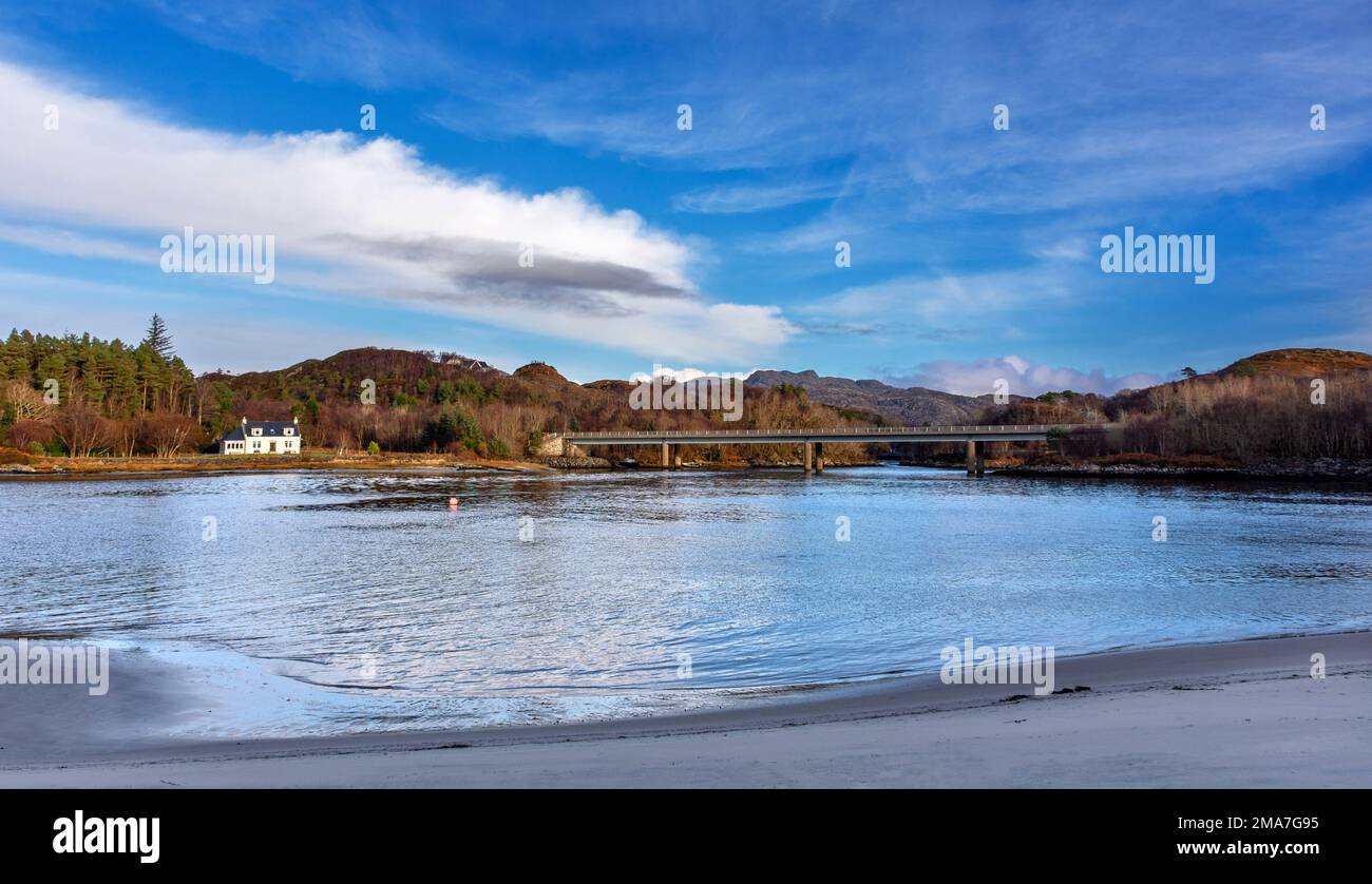 Morar Highland Scotland looking towards the road bridge spanning the ...
