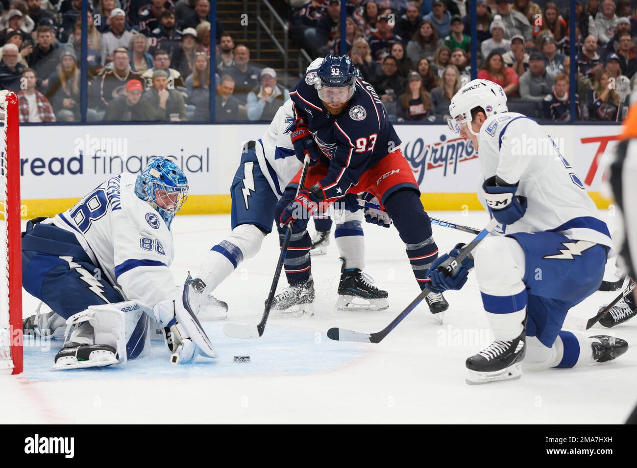 Tampa Bay Lightning's Andrei Vasilevskiy, left, makes a save as ...