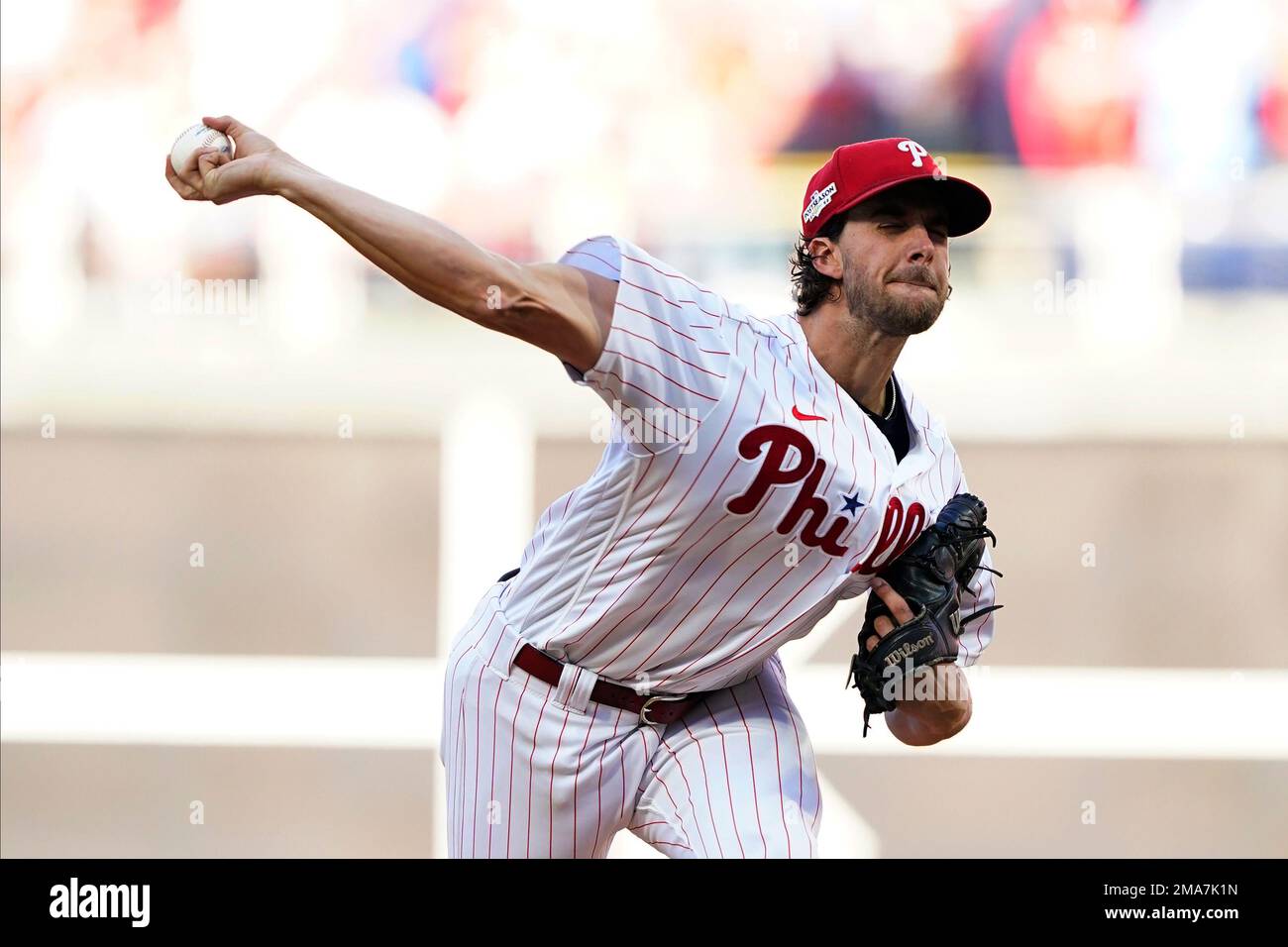 Philadelphia Phillies starting pitcher Aaron Nola (27) throws during ...