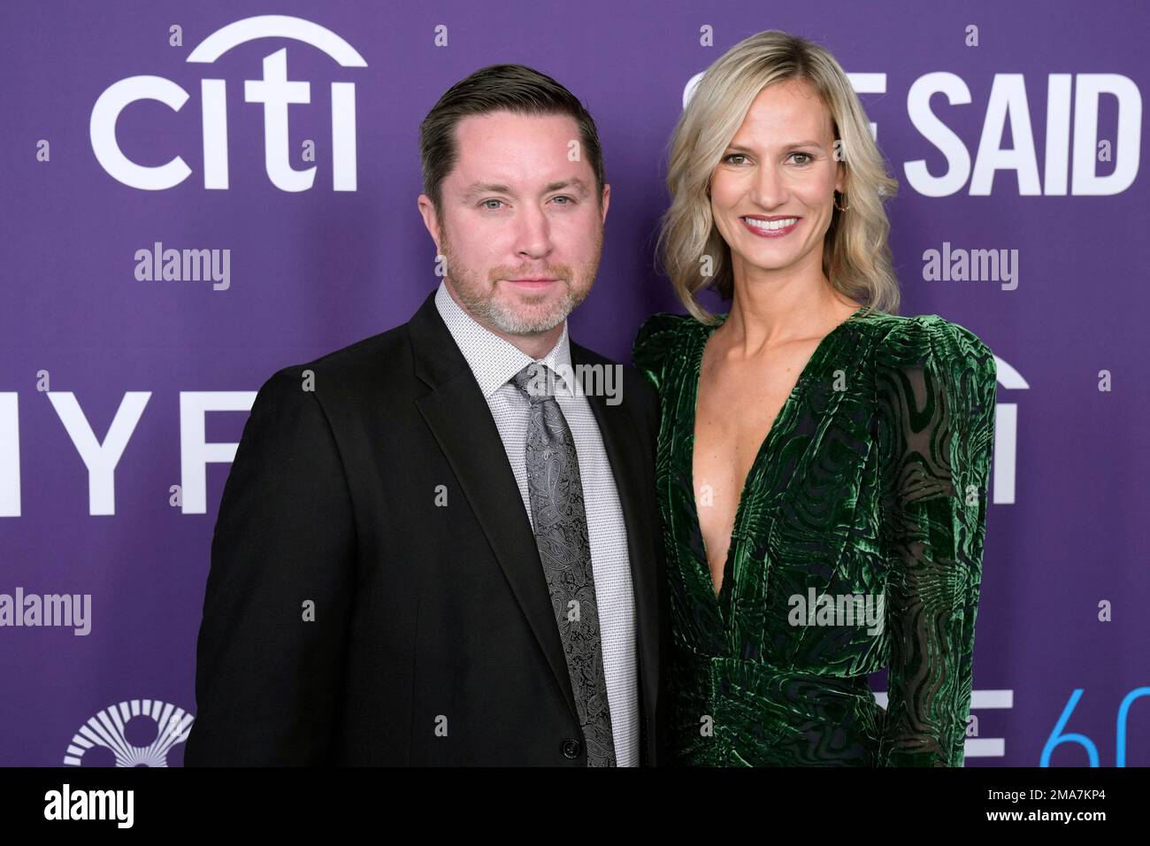 Josh Conley and Rachel Crooks attend the premiere of "She Said" at ...