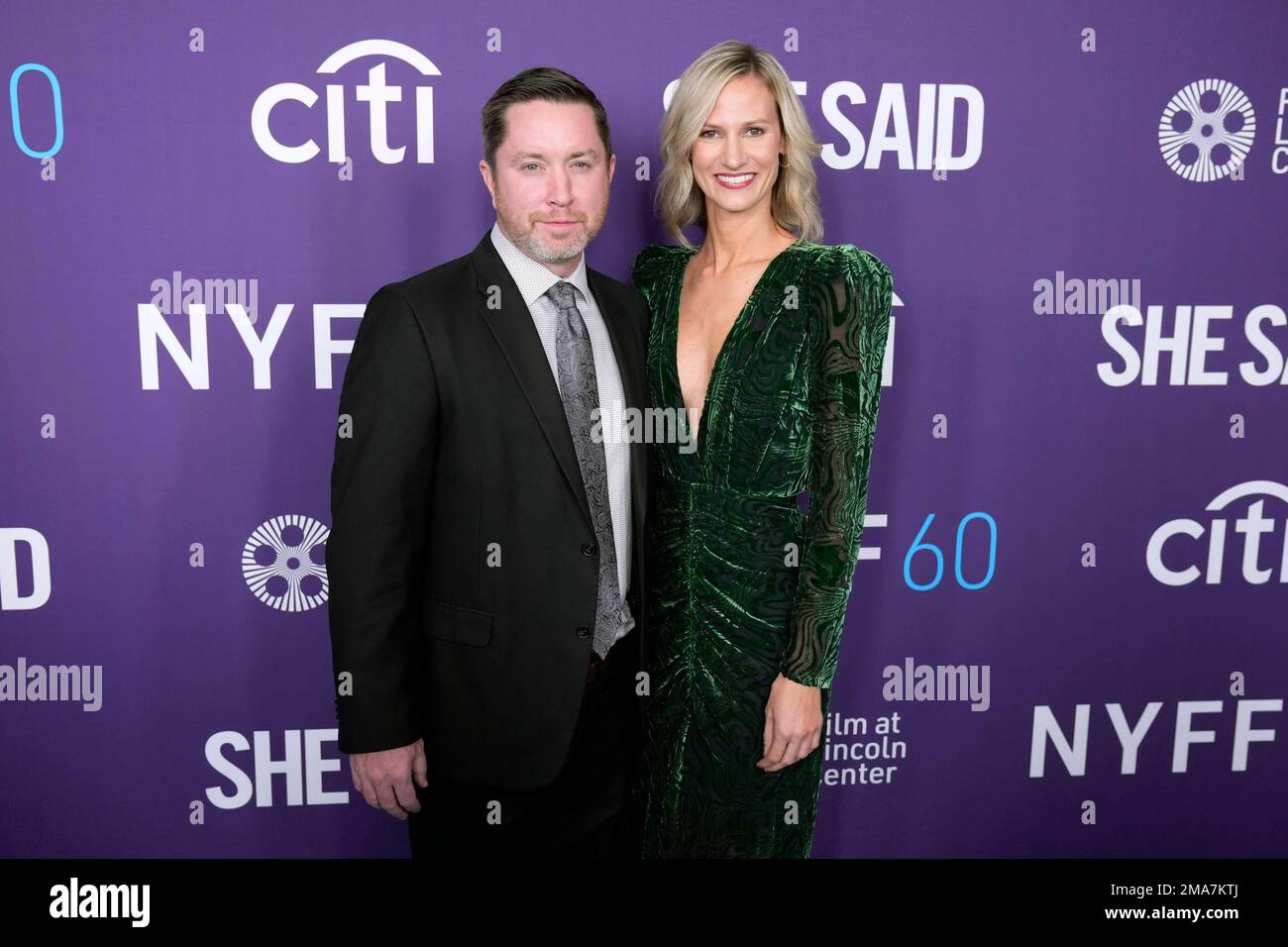 Josh Conley and Rachel Crooks attend the premiere of "She Said" at ...