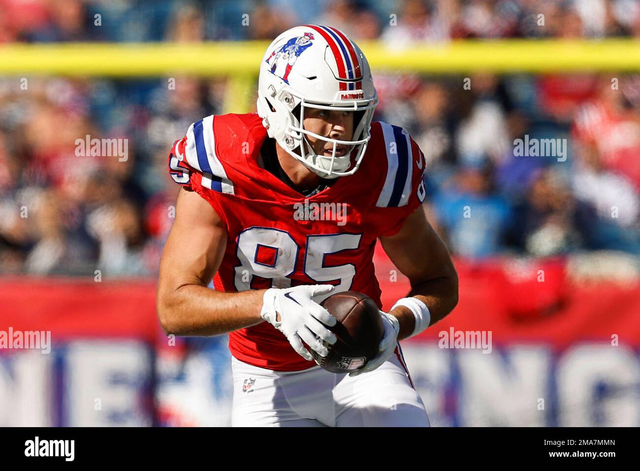 New England Patriots tight end Hunter Henry runs against the Detroit ...