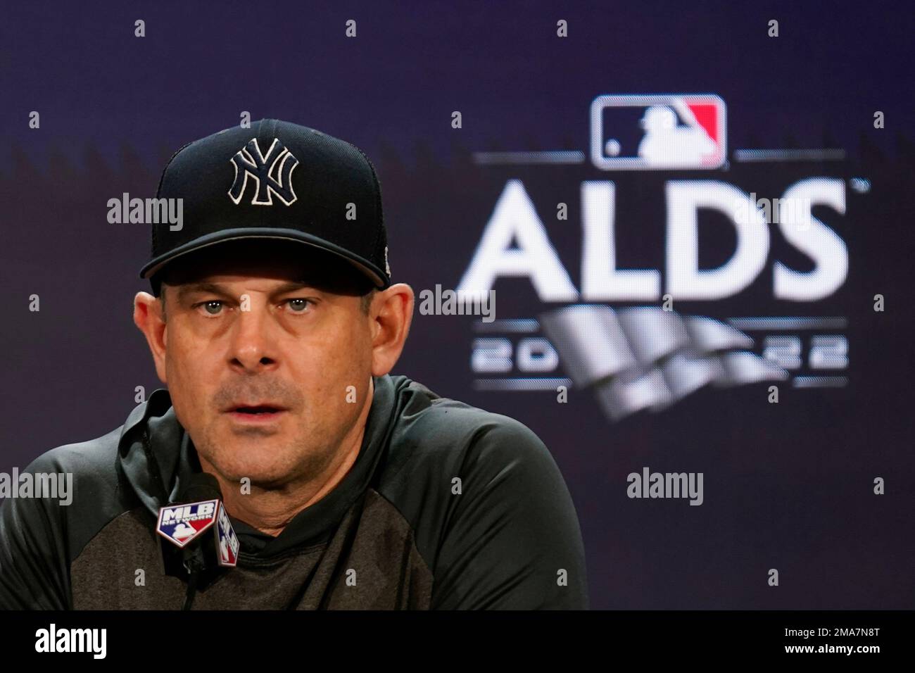 New York Yankees manager Aaron Boone speaks to reporters before Game 2 ...