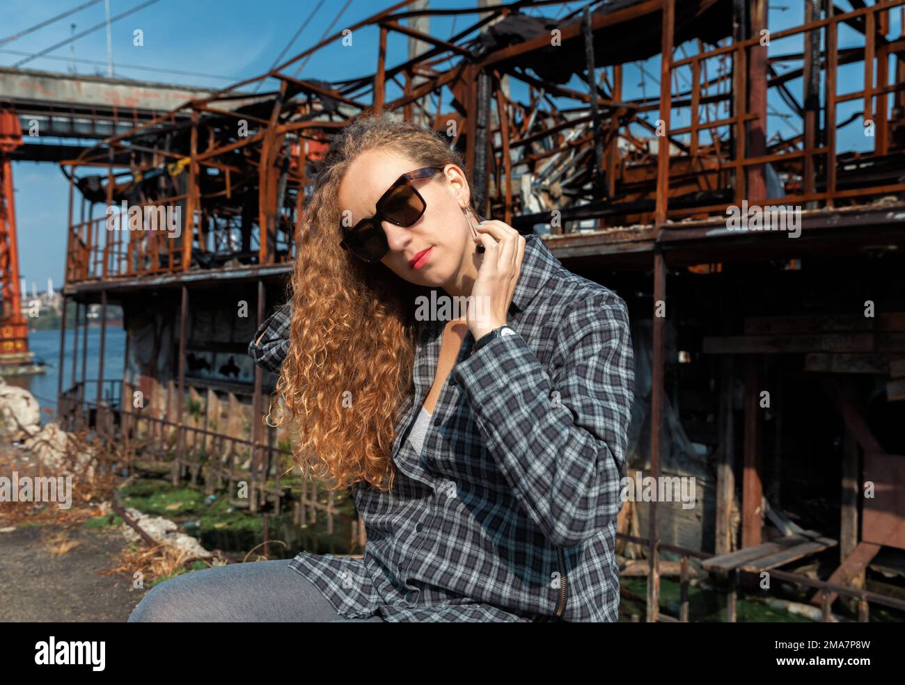 KYIV, UKRAINE - Sep. 19, 2019: Portrait of a young beautiful red-haired ...