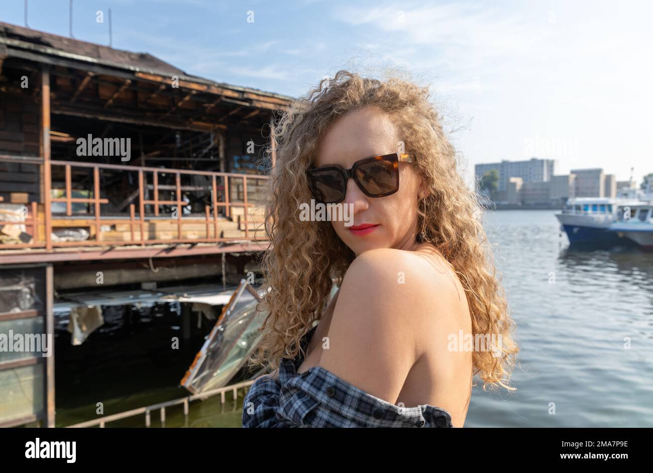 KYIV, UKRAINE - Sep. 19, 2019: Portrait of a young beautiful red-haired ...