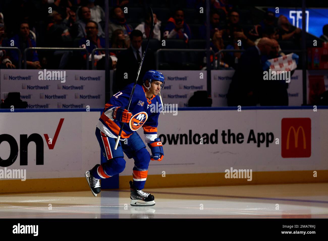 New York Islanders left wing Zach Parise (11) is introduced before an ...