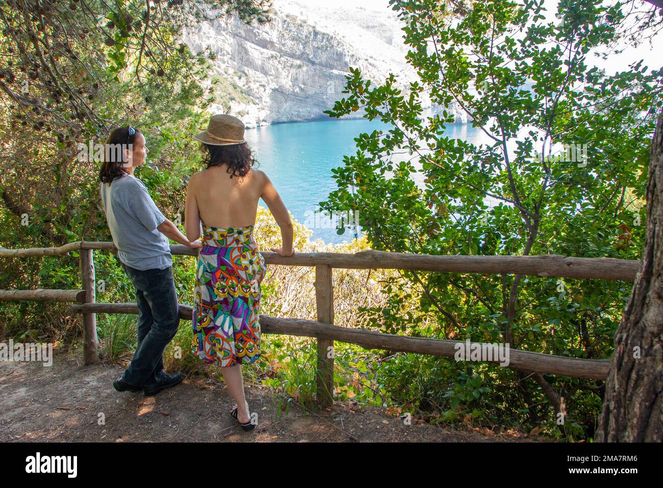 Italy -Amalfi Coast in the village of Nerano - Two women look out over ...