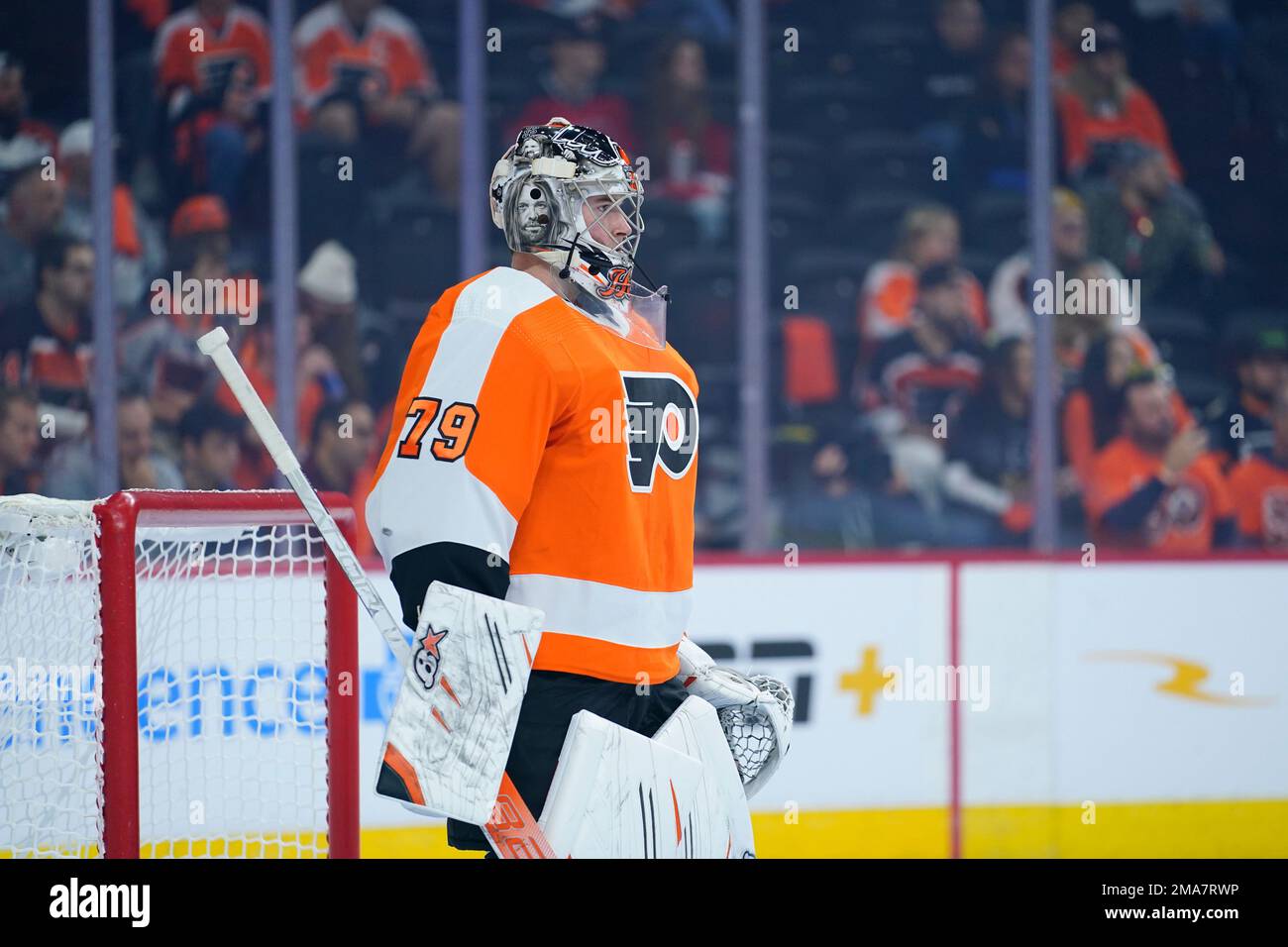 Philadelphia Flyers' Carter Hart plays during an NHL hockey game ...