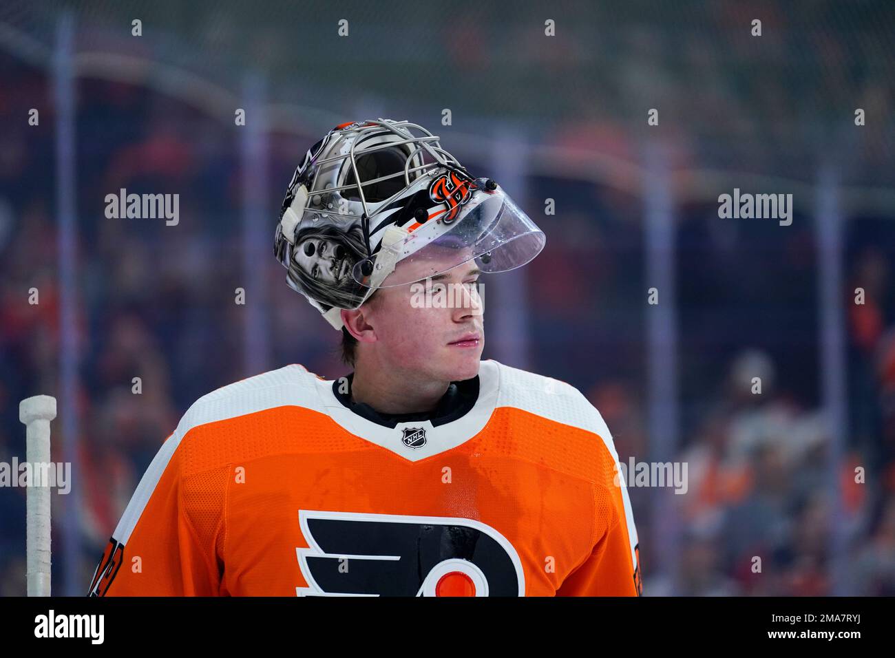 Philadelphia Flyers' Carter Hart plays during an NHL hockey game ...