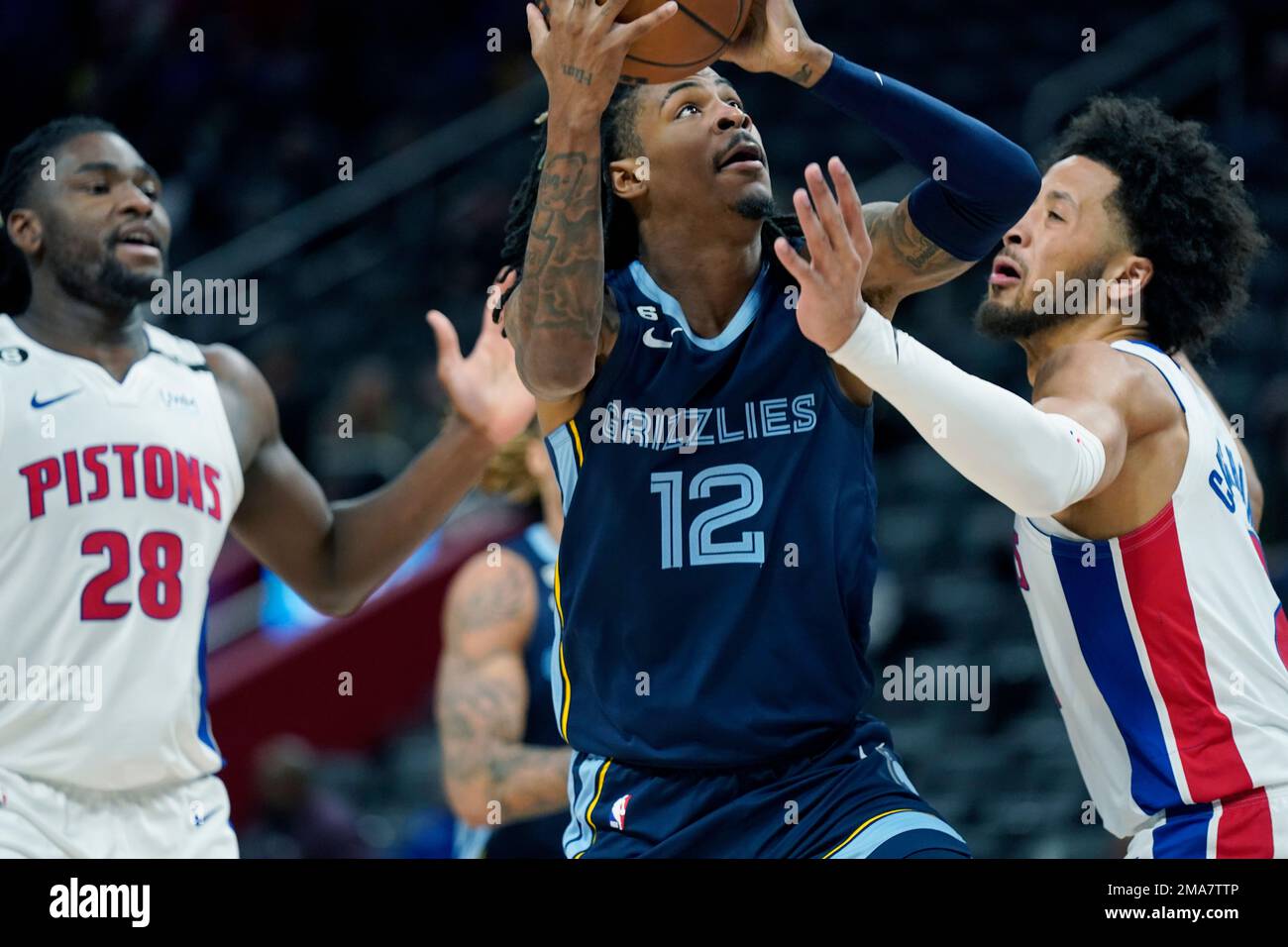 Memphis Grizzlies guard Ja Morant (12) attempts a layup as Detroit ...