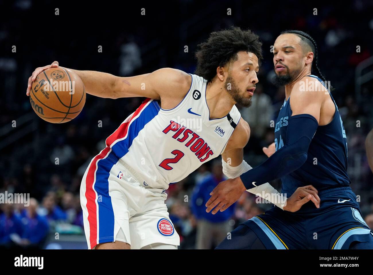 Detroit Pistons guard Cade Cunningham (2) drives during the first half of an NBA preseason ...