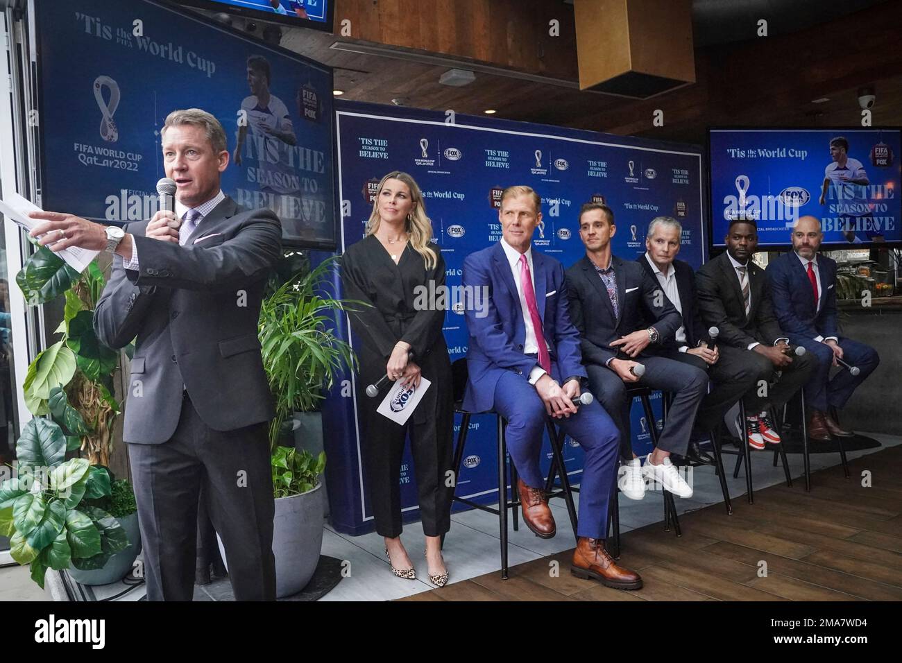 Studio host Rob Stone, left, introduce Fox's coverage team for the FIFA ...
