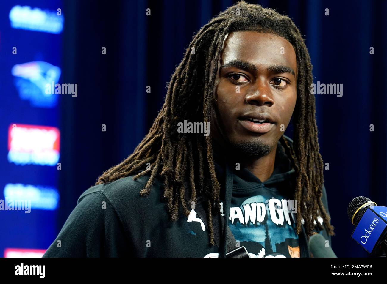New England Patriots running back Rhamondre Stevenson speaks to ...
