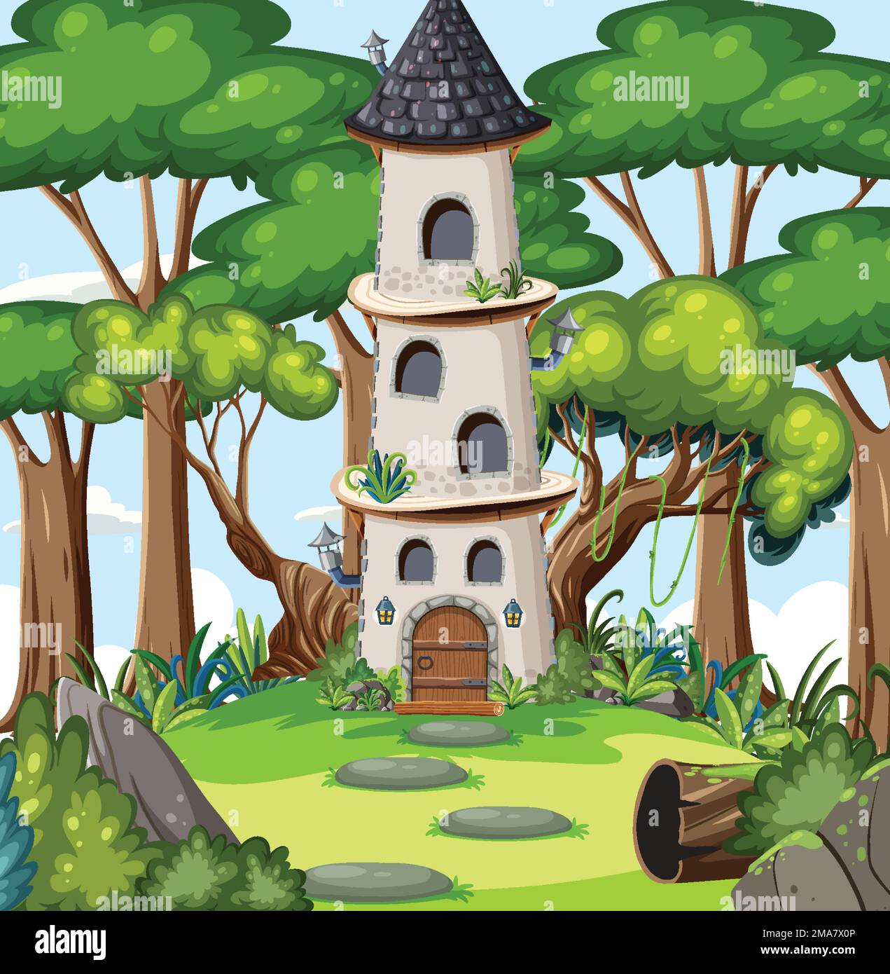 Fairytale tower in fairytale forest illustration Stock Vector Image ...