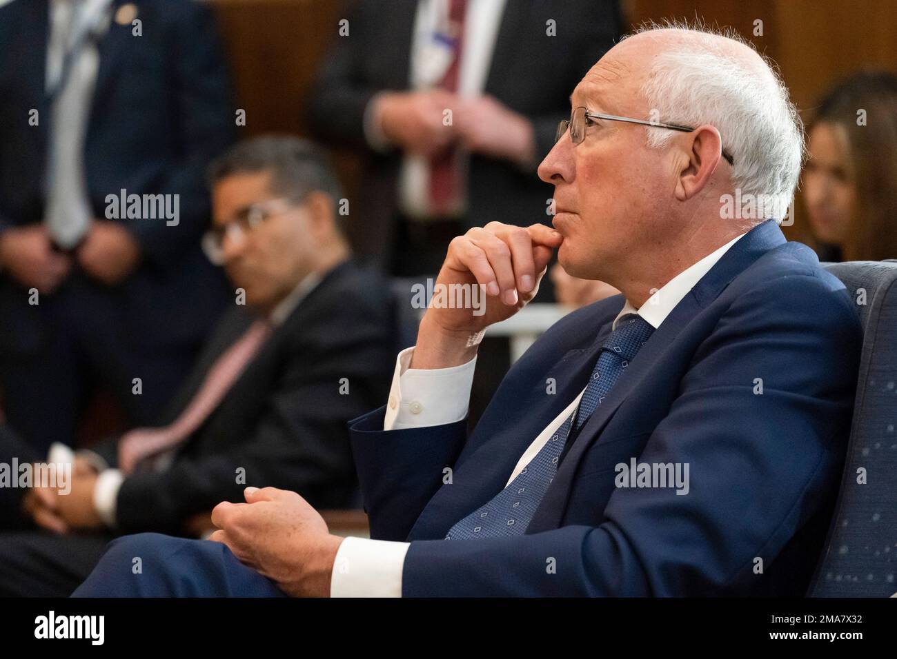 U.S. Ambassador to Mexico Ken Salazar listens during a news conference ...
