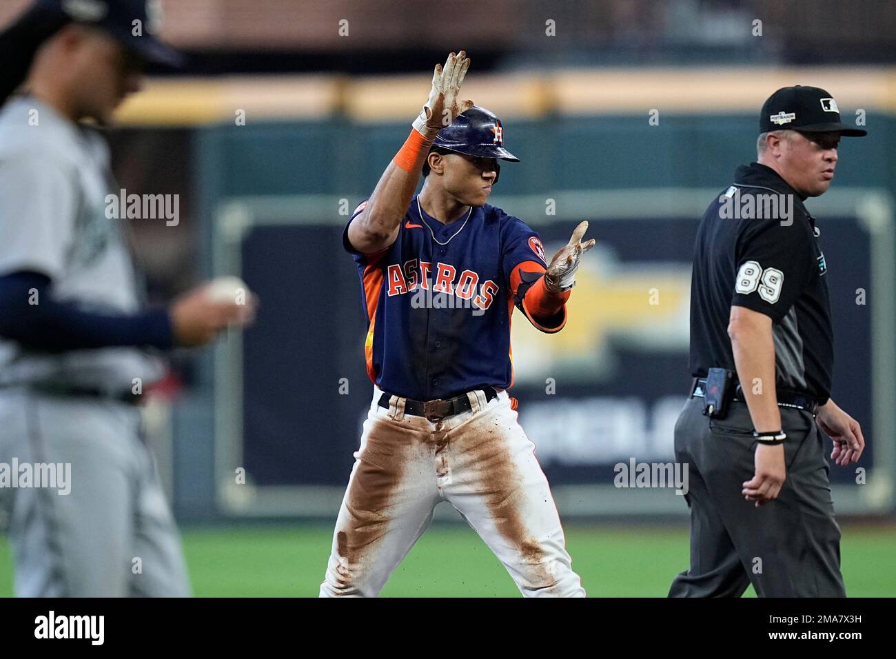 Houston Astros shortstop Jeremy Pena, center, celebrates his double ...