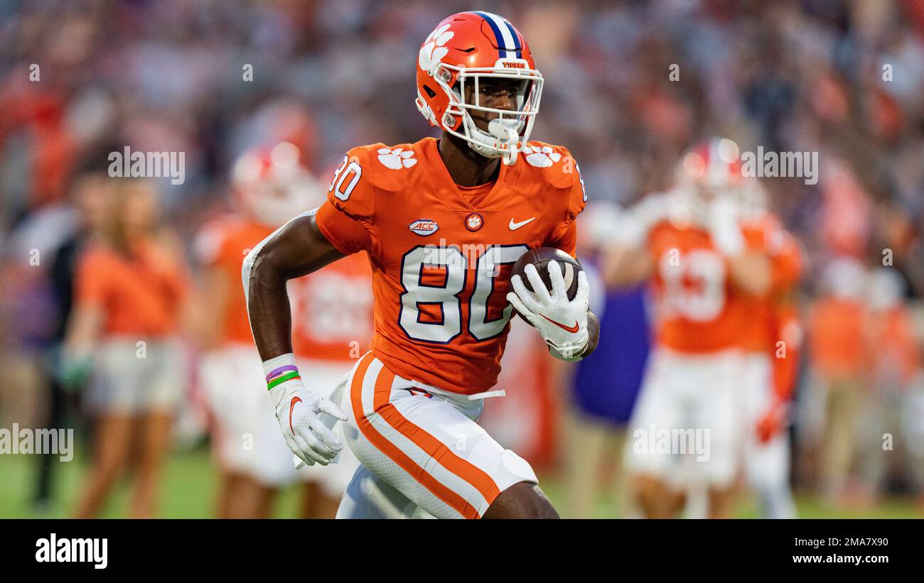 Clemson wide receiver Beaux Collins (80) warms up before an NCAA ...