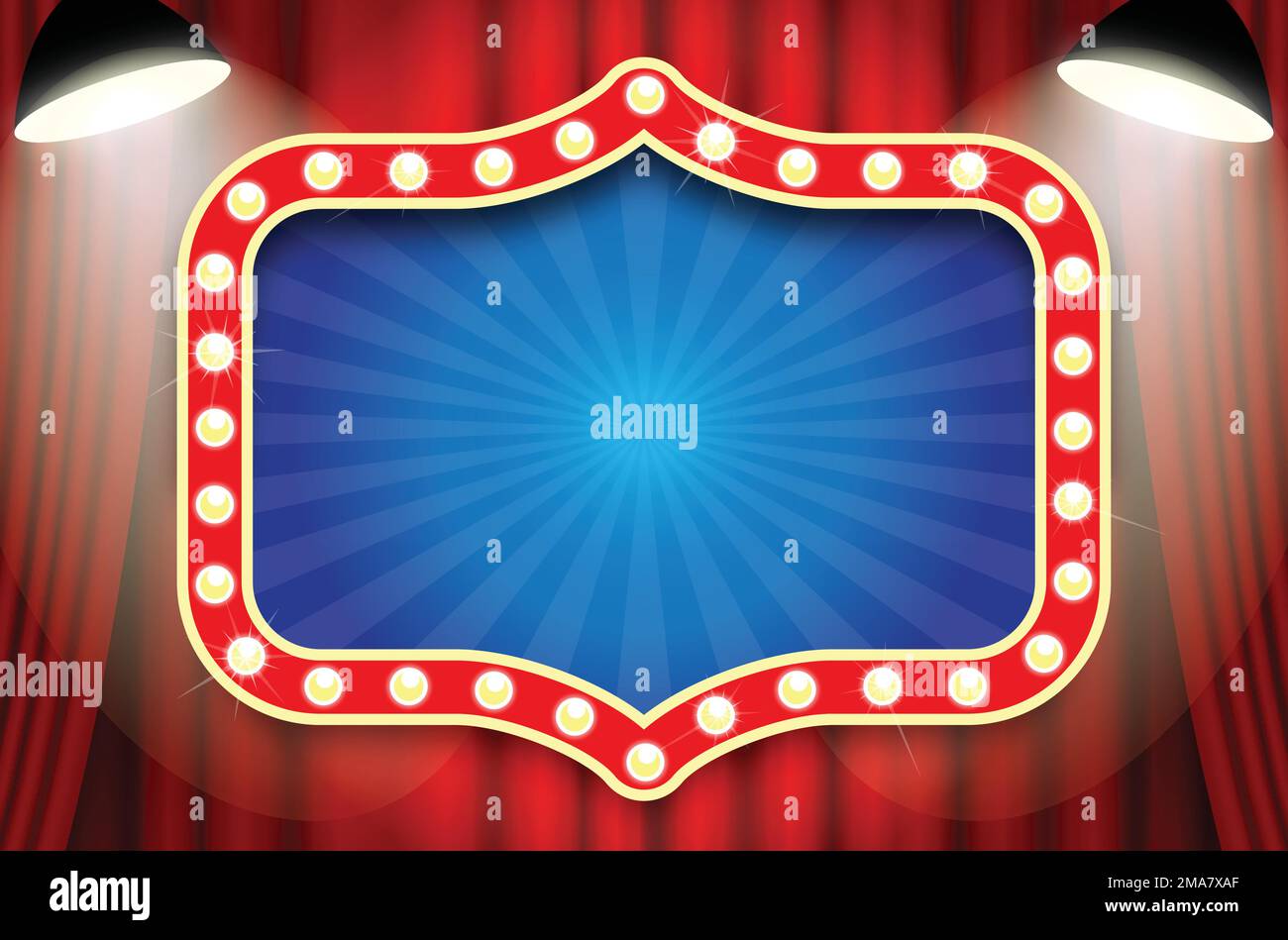 circus theatre sign blue with light frame blank with red curtains and ...