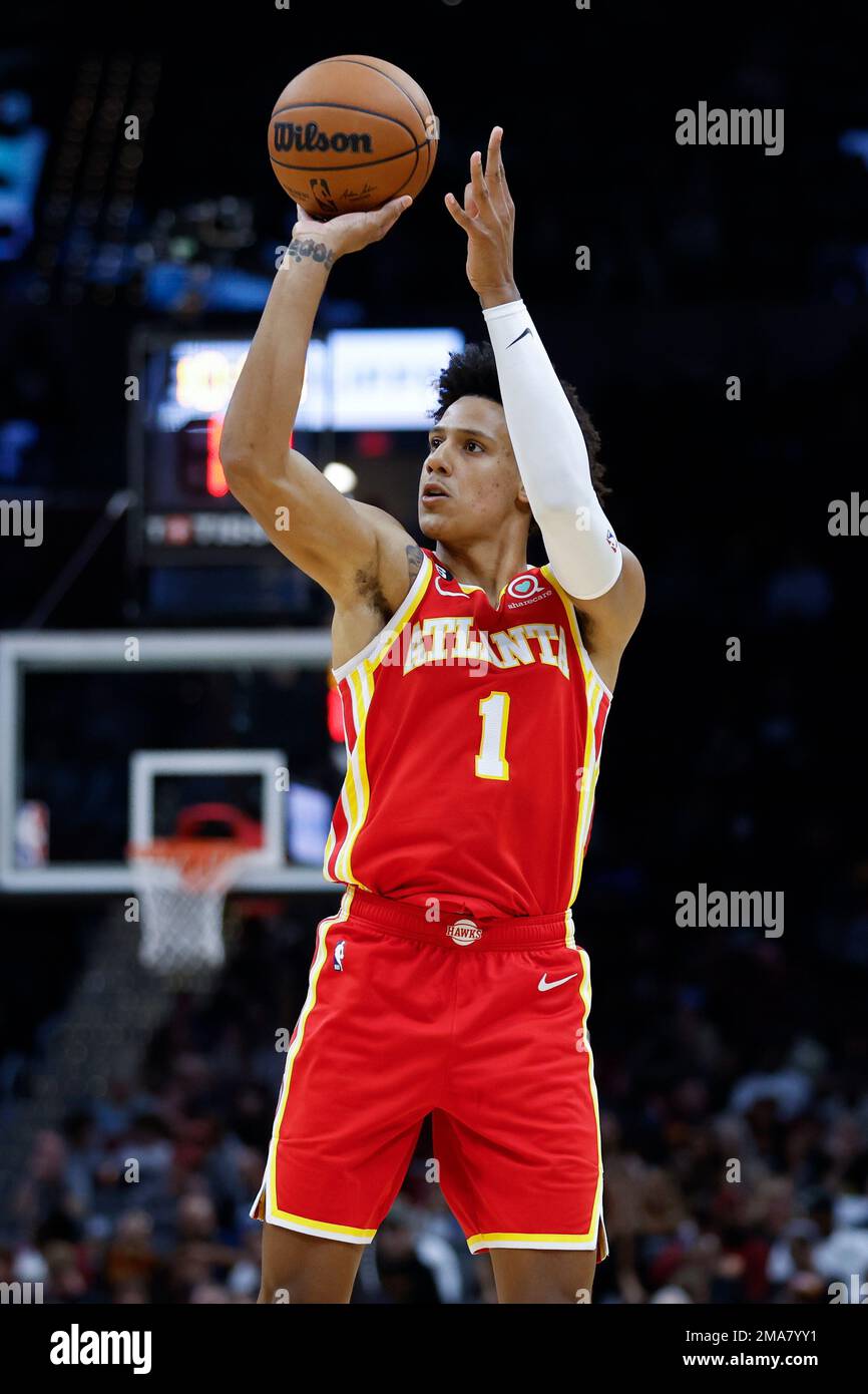 Atlanta Hawks forward Jalen Johnson shoots against the Cleveland ...