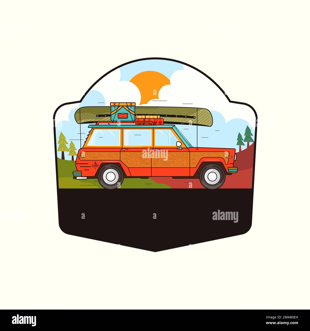 Camping Adventure badge design with camper car, canoe and camp ...