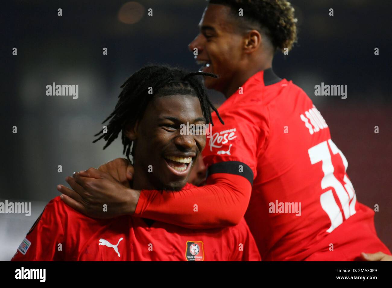 Rennes' Christopher Wooh, left, celebrates with his teammate after ...