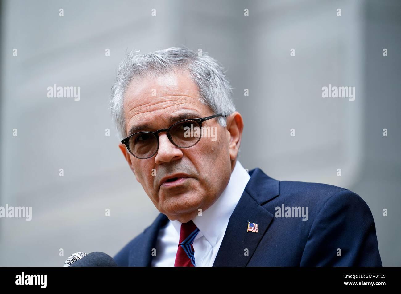 Philadelphia District Attorney Larry Krasner speaks with members of the ...