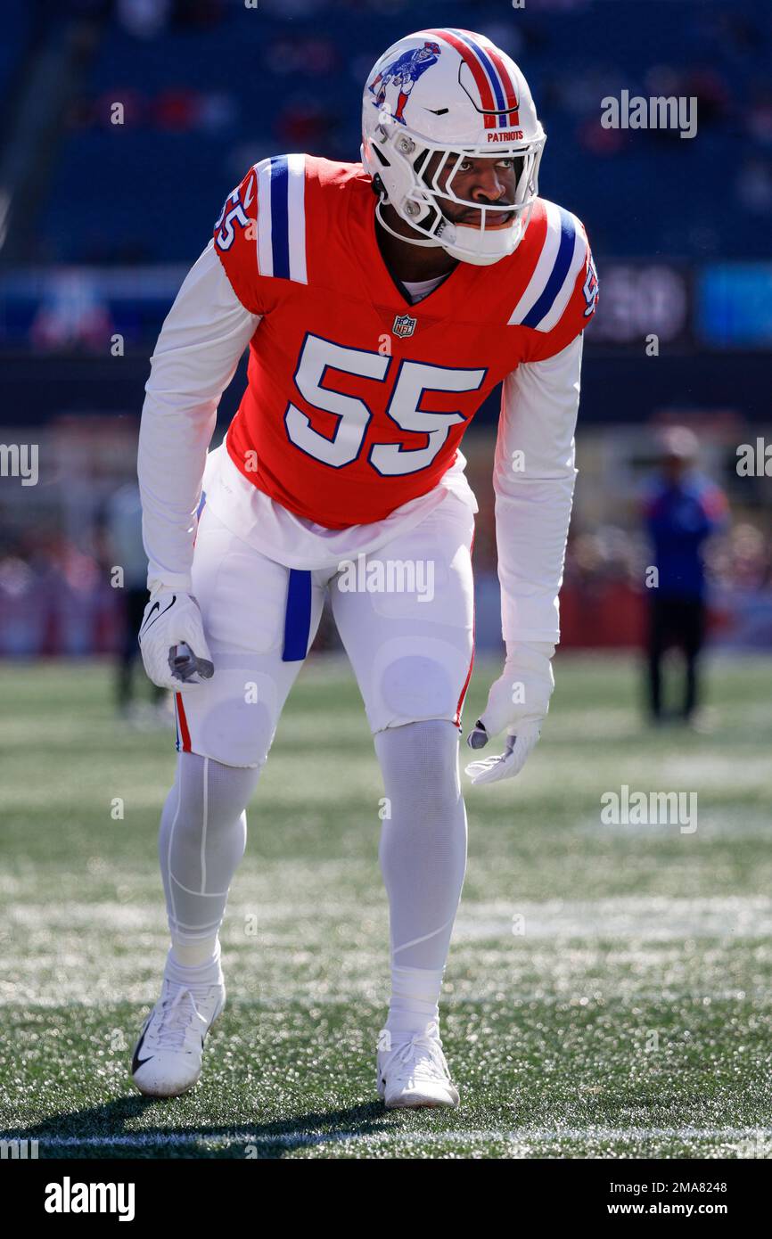 New England Patriots linebacker Josh Uche (55) on the field before the ...