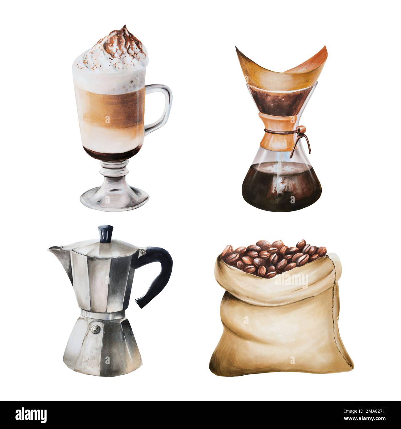 Watercolor illustration set for making coffee. Include geyser coffee ...