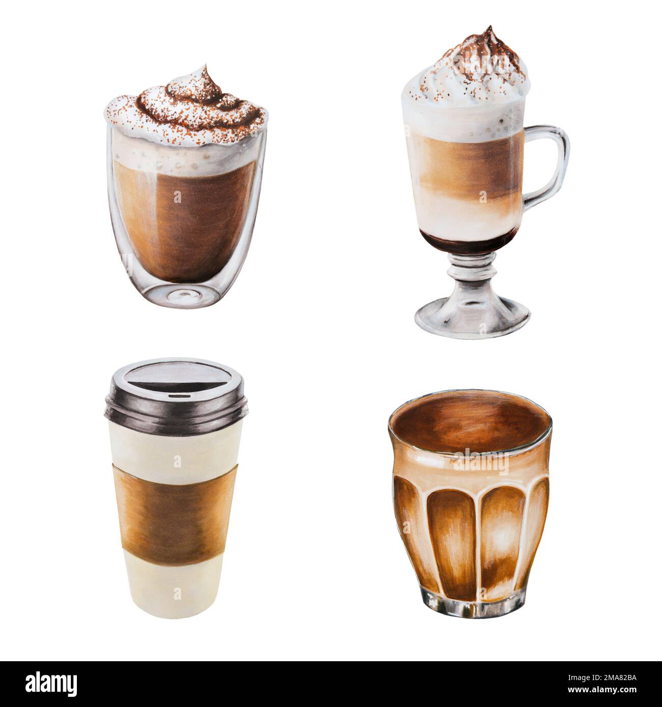 Watercolor set of coffee in porcelain cups. Hand painting espresso ...