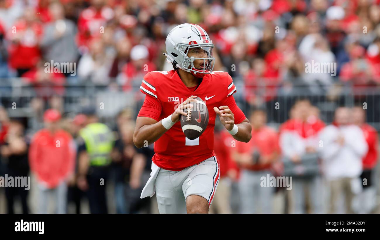 Ohio State quarterback C.J. Stroud plays against Rutgers during an NCAA ...