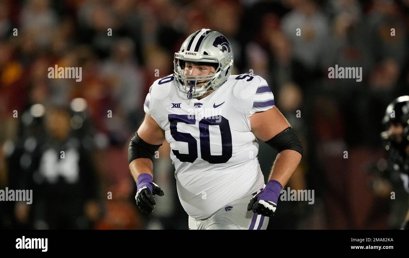 Kansas State offensive lineman Cooper Beebe (50) during the first half of an NCAA college ...