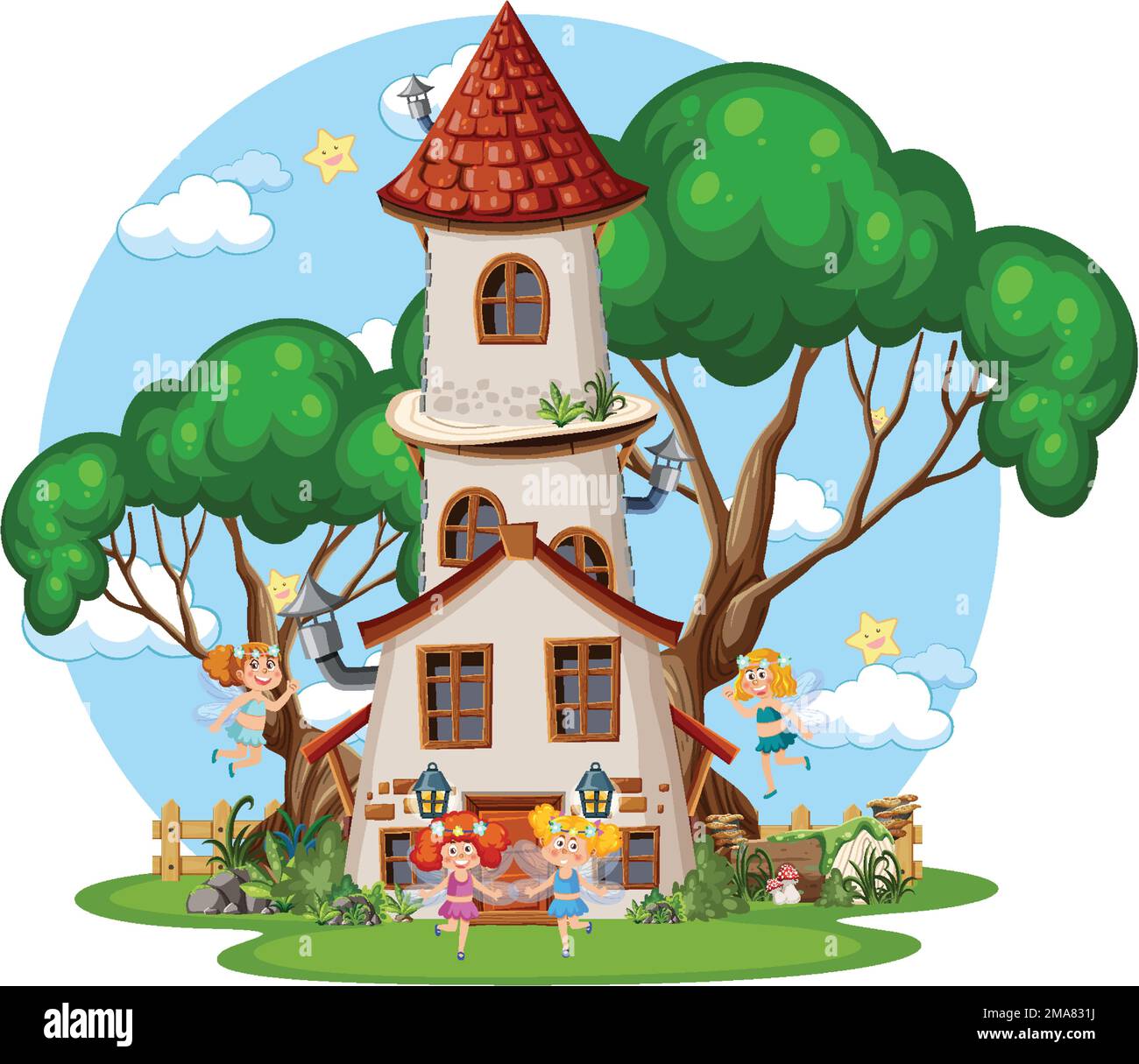 Fairies flying around fairytale tower illustration Stock Vector Image ...