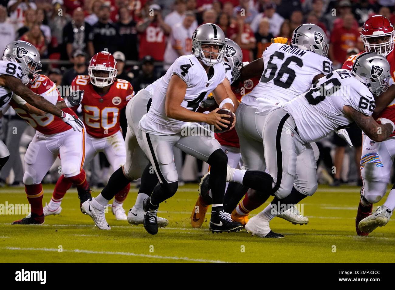 Las Vegas Raiders quarterback Derek Carr in action during an NFL ...